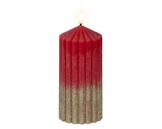 Lumineo LED Kerze mit Timerfunktion 7x15cm Wachs - mit Rillen & Glitzer - Echtwachskerze batteriebetrieben - Wachskerze Stumpenkerze - Rot Warmweiß