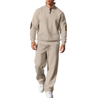 Generic Survêtement décontracté à rayures pour homme 2 pièces avec col et jogging pour sport de plein air, survêtement dautomne et dhiver 2025, kaki, S