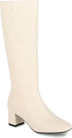 Generic Beige,35 EU,Bottes Hautes pour Femmes, Bout carré, Talons épais, Bottes Hautes, Fermeture éclair latérale, Bottes déquitation, Cuir PU, Robe dautomne 