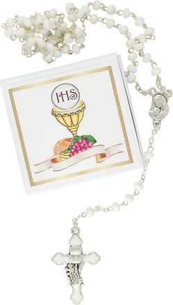 MaMeMi Rosenkranz zur Kommunion Weiss 34 cm mit Verschluss in AUFBEWAHRUNGSBOX mit Motiv. Aus Italien. PERLENROSENKRANZ für Kinder & Erstkommunion