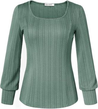 Grace Karin Pulls pour femmes automne britannique vintage &agrave; col carr&eacute; en tricot &agrave; manches longues, Gris clair/vert., L