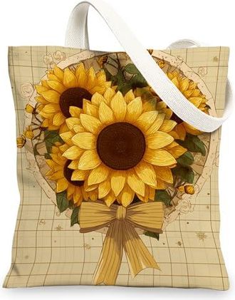 Generic Sac fourre-tout en toile motif tournesol, sacs de courses élégants et réutilisables, bretelles beiges légères, 33 x 38 cm
