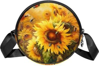Generic Petit sac &agrave; bandouli&egrave;re rond pour femme, tournesol, abeilles, petit sac &agrave; bandouli&egrave;re avec fermeture &eacute;clair, bretelles r&eacute;glables, sac &agrave; main rond d&eacute;co