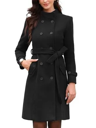 Allegra K Trench-Coat Crois&eacute; Femme Double Boutonnage Col Montant Caban &Eacute;l&eacute;gant Ceintur&eacute; avec Poches Manteau DHiver &agrave; Manches Longues Noir XL