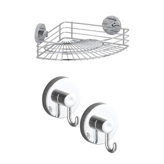WENKO Vacuum-Loc Eckablage Mod. Bari 3-teiliges Bad-Set ohne Bohren verchromtes Metall und 2 Wandhaken Kunststoff Ma&szlig;e 35 x 9 x 22,5 cm und 6 x 6,7 cm