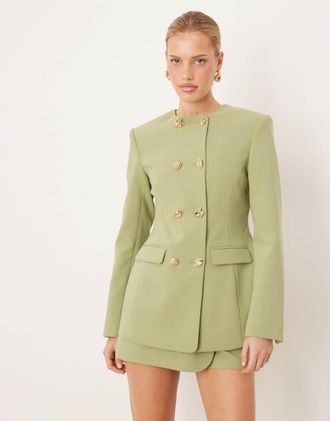 Asos Eleganter, hochgeschlossener, zweireihiger Blazer in Khaki mit verschiedenen Kn&ouml;pfen-Gr&uuml;n