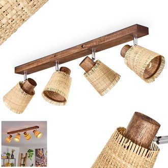 HOFSTEIN Deckenleuchte Lindberg, moderne Deckenlampe aus Holz/Metall/Bast in Dunkelbraun/Chrom-/Naturfarben, Leuchte 4-flammig im skandinavischen Design mit ve