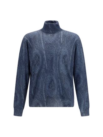 Etro Mens Turtleneck Sweater Silk Print On Blue Background