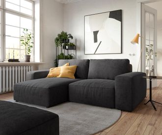 DELIFE Ecksofa Lanzo 230x155 cm Mikrofaser Schwarz Recamiere variabel mit Hocker, Ecksofas