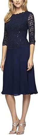 Alex Evenings Tea Length Embroidered Bodice Mother of The Bride Gown, Wedding Guest Dress Robe pour Occasion spéciale, Bleu Marine, 44 Femme