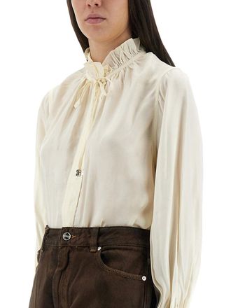 Ganni Bow-Detail Cupro Shirt - Ivory