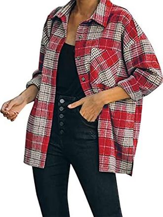 Generic Vestes pour femmes 2026 en flanelle &agrave; carreaux l&eacute;gers et minces, chemises raglan &agrave; manches longues boutonn&eacute;es sur la poitrine, manteaux &agrave; poches, Roug
