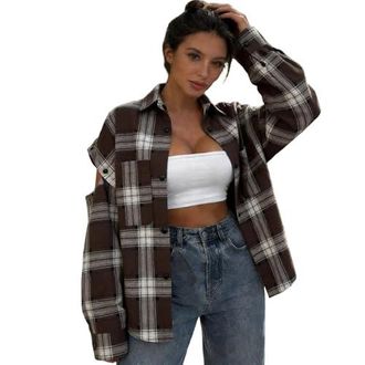 Generic Chemise a Carreaux pour Femme D&eacute;contract&eacute; Oversized Chemisier Blouse &agrave; Manches Longues Amovibles Manteau avec Bouton en Flanelle Jacket L&eacute;g&egrave;re et Coup