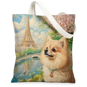 Generic Sac fourre-tout en toile motif chien de Pom&eacute;ranie printanier 33 x 38,1 cm, tour romantique, sac d&eacute;picerie r&eacute;utilisable pour femme, animal de compagnie