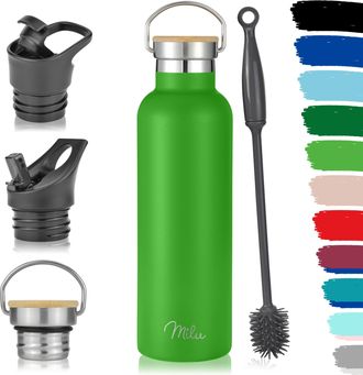 Milu Edelstahl Trinkflasche 350ml 500ml 750ml 1000ml (+3 Deckel) Thermosflasche mit Strohhalm, Isolierte Wasserflasche, Auslaufsichere Isolierflasche doppe