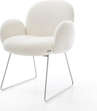DELIFE Esszimmerstuhl Nube-Flex mit Armlehnen Boucl&eacute; Soft Beige Kufengestell Edelstahl Taschenfederkern, Esszimmerst&uuml;hle