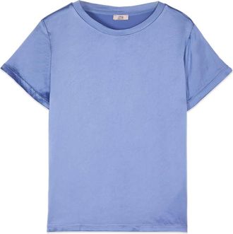 Oltre Femme, Blouses et Chemises, Bleu, Taille: 42 FR Blouse en satin &agrave; manches courtes