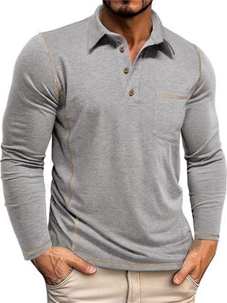 Generic Chemise basique boutonn&eacute;e pour homme, v&ecirc;tement de travail d&eacute;contract&eacute;, polo vintage, l&eacute;ger et respirant, t-shirts dext&eacute;rieur, gris, XXL