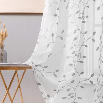 Miulee Sheer Vorhang Voile Blumen Stickerei Vorhänge mit Ösen transparent Gardine 2 Stücke Ösenvorhang Gaze paarig schals Fensterschal für Wohnzimmer Schlafz
