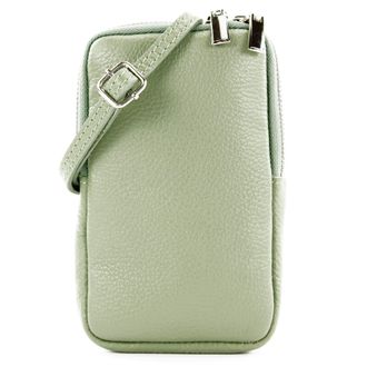 modamoda.de T197 Damen Leder Handytasche 6,7 Zoll Umh&auml;ngetasche handmade in Italy, Farbe:Graugr&uuml;n