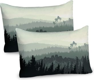 Abakuhaus Wald Kissenbezug Packung mit 2, Das Panorama eines Tales und des mystischen Waldes des Kiefern-Baum-Natur-Themas, Dekorativer Gedruckter Kissenbezug, 