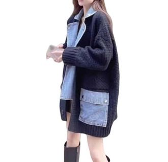 Generic Cardigan en jean avec poches, veste &agrave; boutons contrast&eacute;s tendance, v&ecirc;tements dext&eacute;rieur en tricot boutonn&eacute; patchwork d&eacute;contract&eacute; dautomne, Noir, Taill