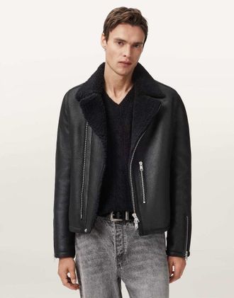 AllSaints Correz - Blouson style motard en imitation peau de mouton - Noir