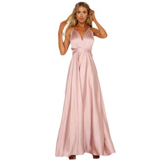 Jamron Damen Elegant Tiefer V-Ausschnitt R&uuml;ckenfreies Satin Abendkleid Multiway Wickelkleid Abschlussballkleid SN0703227 Rosa L