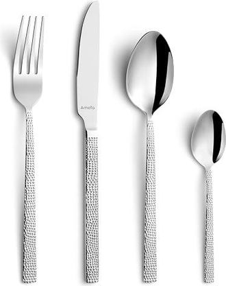 Amefa VANCOUVER Besteckset, 24-teilig, gehämmerte Struktur, modernes Design, Essbesteck aus Edelstahl 18/10, Tafelbesteck für stilvolle Tischkultur & besond
