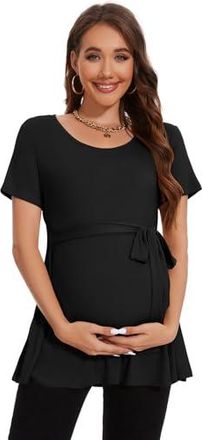 Smallshow Maternity Clothes Manches Courtes Tie Front T-Shirts et Tops Grossesse,Black,XXL