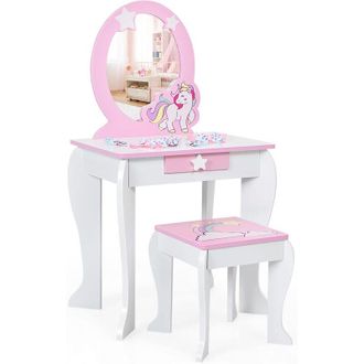 Costway Costway - Coiffeuse pour Enfant Table de Maquillage avec Tabouret, Miroir D&eacute;tachable et 1 Tiroir de Rangement Style Princesse Blanc