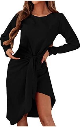 Generic Robes amincissantes pour femmes, robe &agrave; col en V, manches longues, extensible, fendue, taille l&eacute;g&egrave;re, mince, couleur unie, mi-longue, swing de soir&eacute;e,