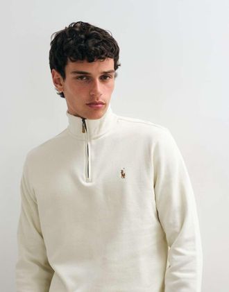 Polo Ralph Lauren Estate - Pull en maille c&ocirc;tel&eacute;e avec col zipp&eacute; et logo embl&eacute;matique - Blanc cass&eacute;
