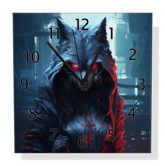 Wallario Design-Wanduhr Frau im Wolfspelz aus Glas, Motiv-Uhr Größe 30 x 30 cm, Schwarze Zeiger