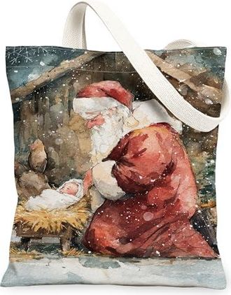 Generic Sacs fourre-tout en toile motif Père Noël - Réutilisables - Vintage - Légers et lavables, Rouge, 13x15 Inch