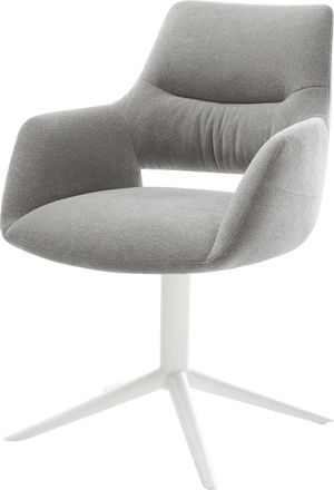 DELIFE Esszimmerstuhl Yago-Flex mit Armlehnen Fu&szlig;kreuz Wei&szlig; Strukturstoff Soft Grau 360&deg; drehbar Wippfunktion Taschenfederkern