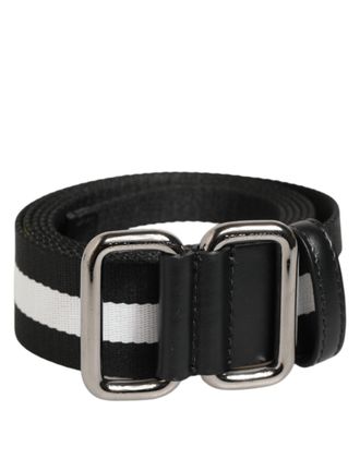 Dolce & Gabbana Black White Striped Metal Buckle Men Belt And Nylon Calf Leather