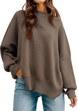 OLIPHEE Pull Femme Chic et Élégant - T-Shirt Manches Longues Col Rond Couleur Unie - Tunique Longue Sweatshirt Casual Pullover Automne Hiver - Marron XL