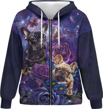 Showudesigns Jacken mit Rei&szlig;verschluss f&uuml;r Damen, &Uuml;bergr&ouml;&szlig;e, Hoodies und Sweatshirts, Herbstpullover, Fr&uuml;hlings-Tops, Franz&ouml;sische Bulldogge, L
