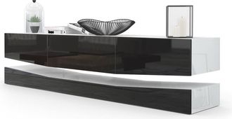 Vladon Lowboard City, Made in Germany, TV-Kommode mit Sockelelement, 1 offenem Fach und 3 Schubkästen, Weiß Hochglanz/Schwarz Hochglanz (178 x variabel x 39 