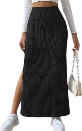 Onsoyours Jupe Longue en Maille Côtelée pour Femme avec Fente Taille Haute Vintage Rétro de Loisirs - Crayon en Tricot avec Taille Élastique B Noir XXL