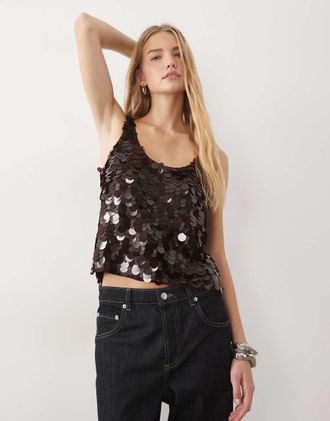 Asos caraco &agrave; col rond orn&eacute; de sequins chocolat-Marron