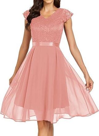 Generic Robe Soiree Femme Chic Robe Cocktail Robe Midi en Mousseline de Soie À Col en V Et Manches Courtes pour Femme Style Rétrorobe de Soirée Robe de Bal