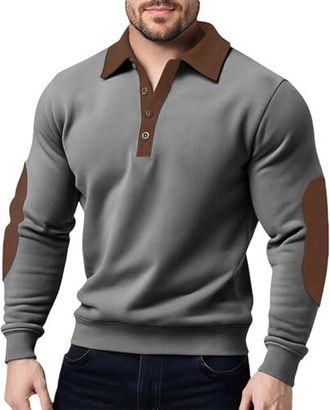 Generic Chemise unie &agrave; manches longues pour homme - Sweat-shirt &agrave; manches longues avec col et &eacute;cusson - Pull d&eacute;contract&eacute; pour int&eacute;rieur et ext&eacute;rieur, gris fon