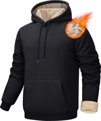 Magcomsen Sweatshirt Herren Pullover Winter Hoodie Freizeit Fleecepullover Sherpa Kapuzenpulli Langarm Arbeitspullover mit Kapuze Schwarz XXL