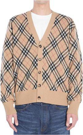 Burberry Homme, Pulls, Beige, Taille: XS Cardigan &agrave; col en V &agrave; motif &agrave; carreaux