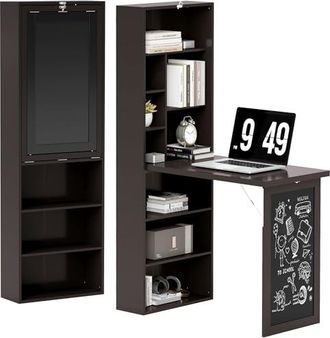 HOMCOM Bureau Informatique Pliable, Bureau avec biblioth&egrave;que, Poste de Travail, Tableau Noir, 9 Compartiments Ouverts et &eacute;tag&egrave;re r&eacute;glable, Table dordinateur 