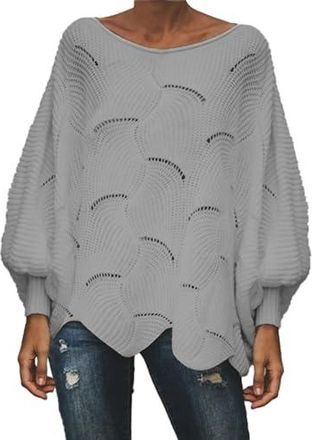Generic Pull pour femme - Pull dhiver blanc chauve-souris pour femme - Pull en tricot l&eacute;ger uni automne hiver tricot &agrave; manches longues pull &eacute;l&eacute;gant ample, gri