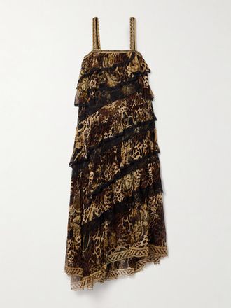 Camilla Gestuftes Maxikleid Aus Bedruckten Seidenkrepon Mit Spitzenbes&auml;tzen Und Kristallen - Schwarz