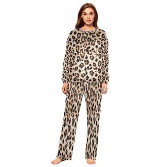 HMZXZ Ensemble de pyjama 2 pièces en flanelle à motif léopard pour femme - Haut à manches longues et pantalon - Vêtement de nuit - Imprimé léopard, multicol